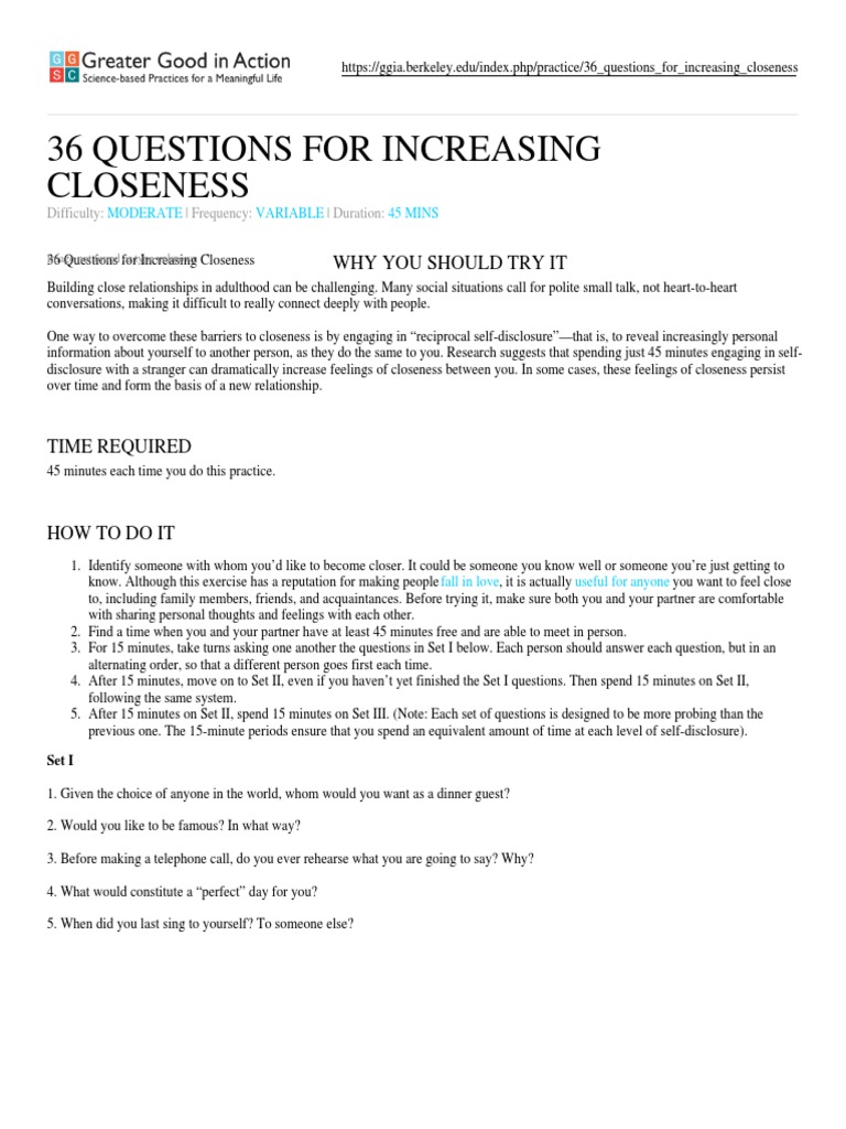 36 Questions For Increasing Closeness: Why You Should Try It | Download Free PDF | Psychology ...