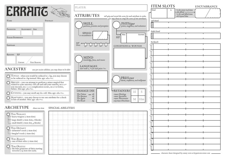 Errant Character Sheet | PDF | Entertainment | Adventure Games