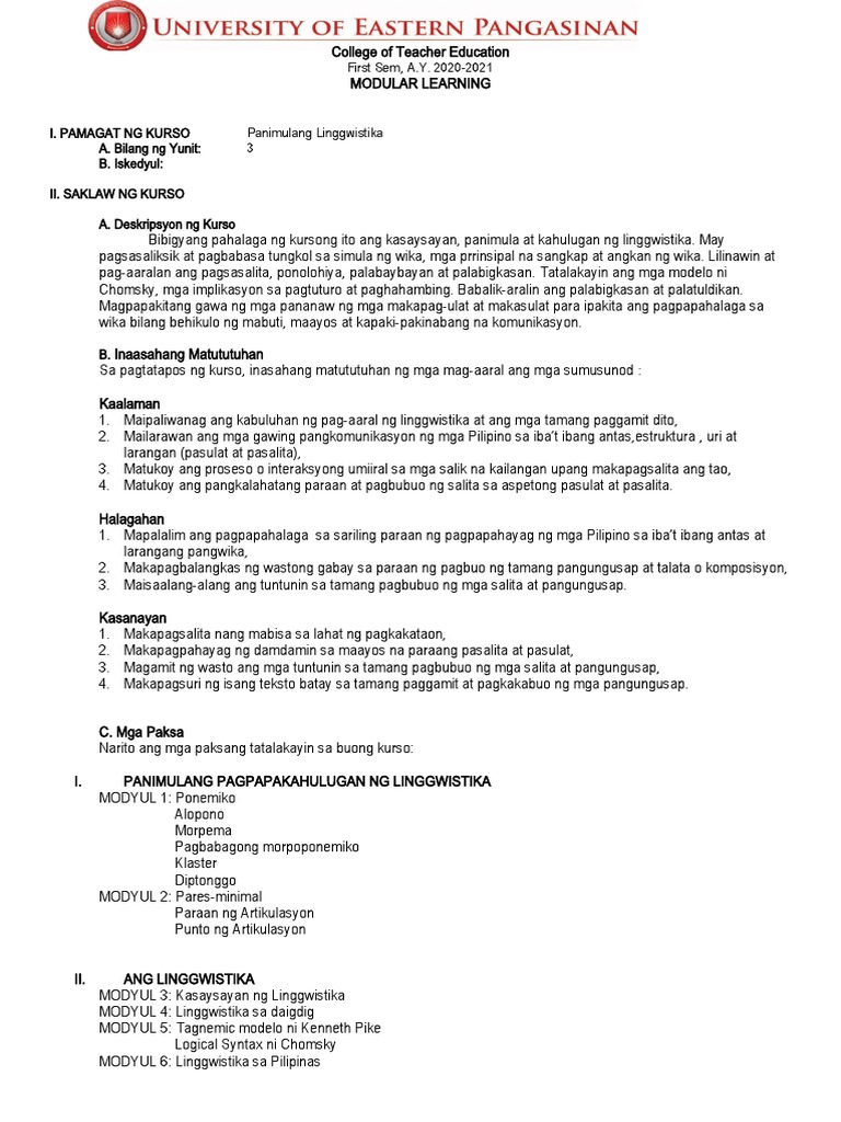 Panimulang Linggwistika Modyul | PDF