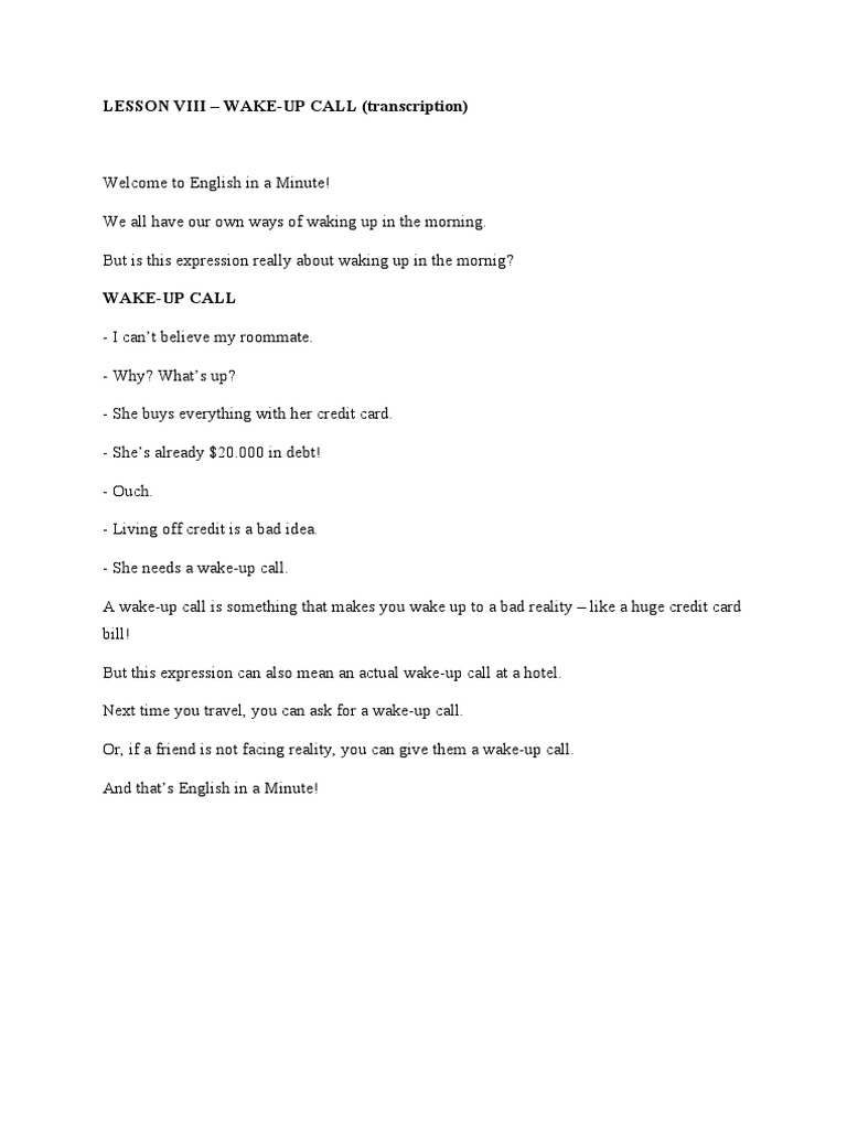 Lesson VIII - Wake-Up Call - Transcription, Vocabulary and Questions ...
