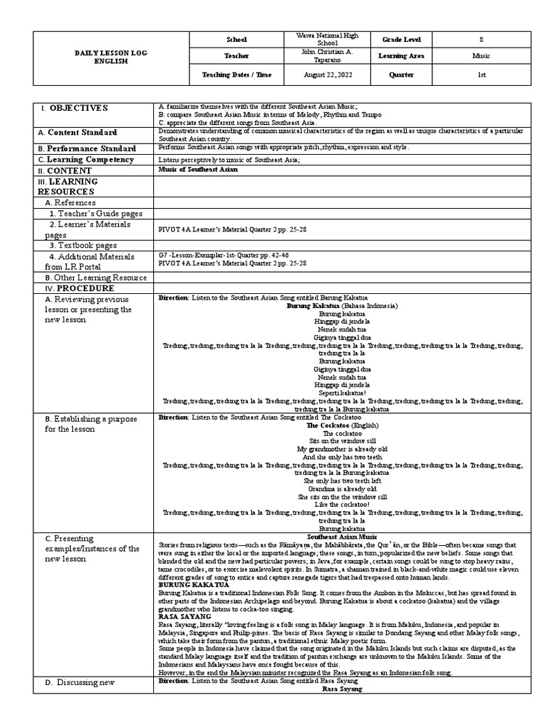 Southeast Asian Folk Songs for Grade 8 | PDF | Learning