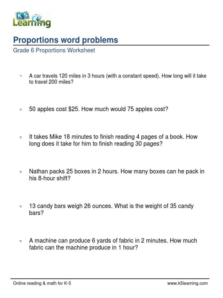 Grade 6 Proportions Word Problems A | PDF