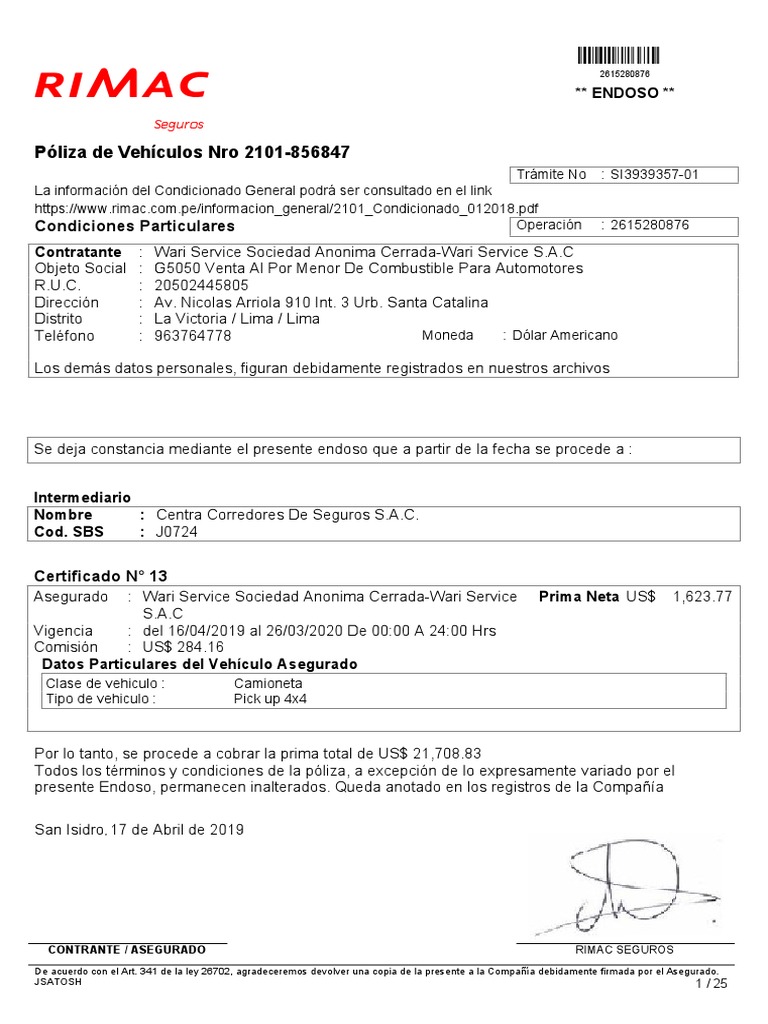 Póliza de Seguro Vehicular RIMAC | PDF | Póliza de seguros | Seguro