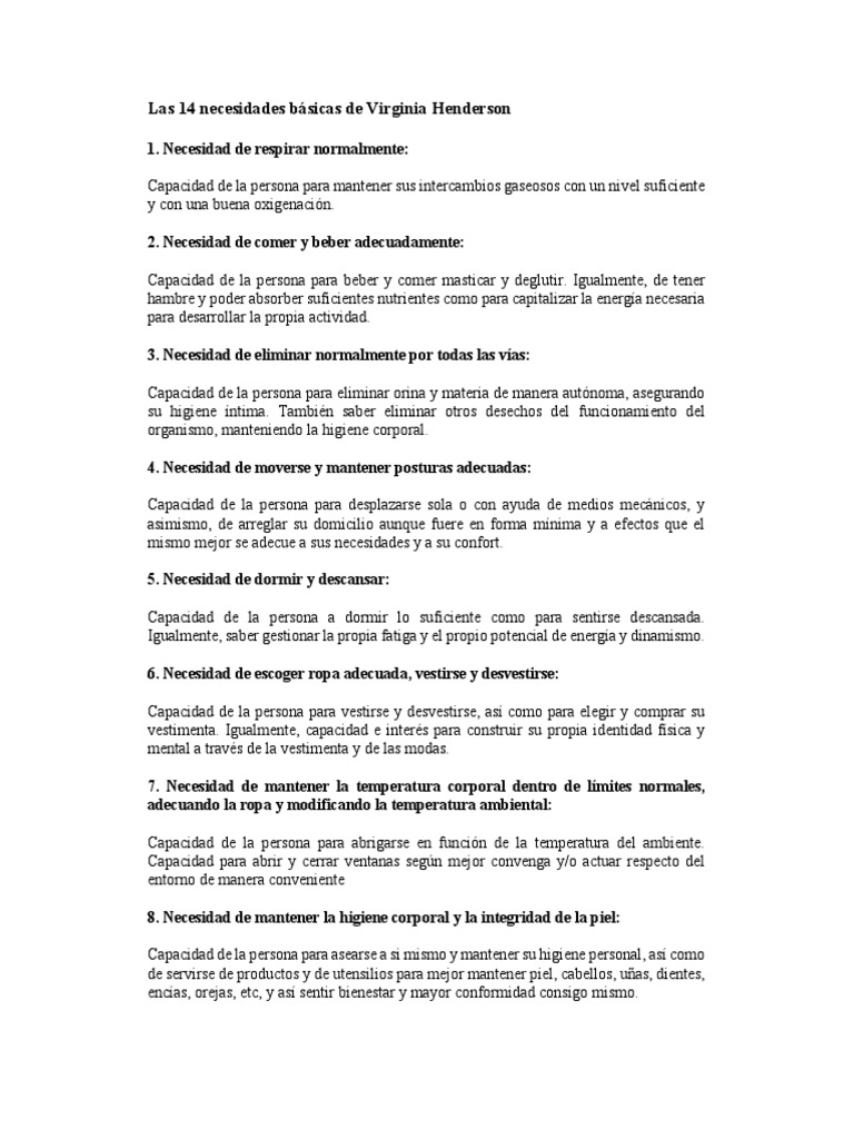 Las 14 Necesidades Básicas de Virginia Henderson | Descargar gratis PDF | Resiliencia ...