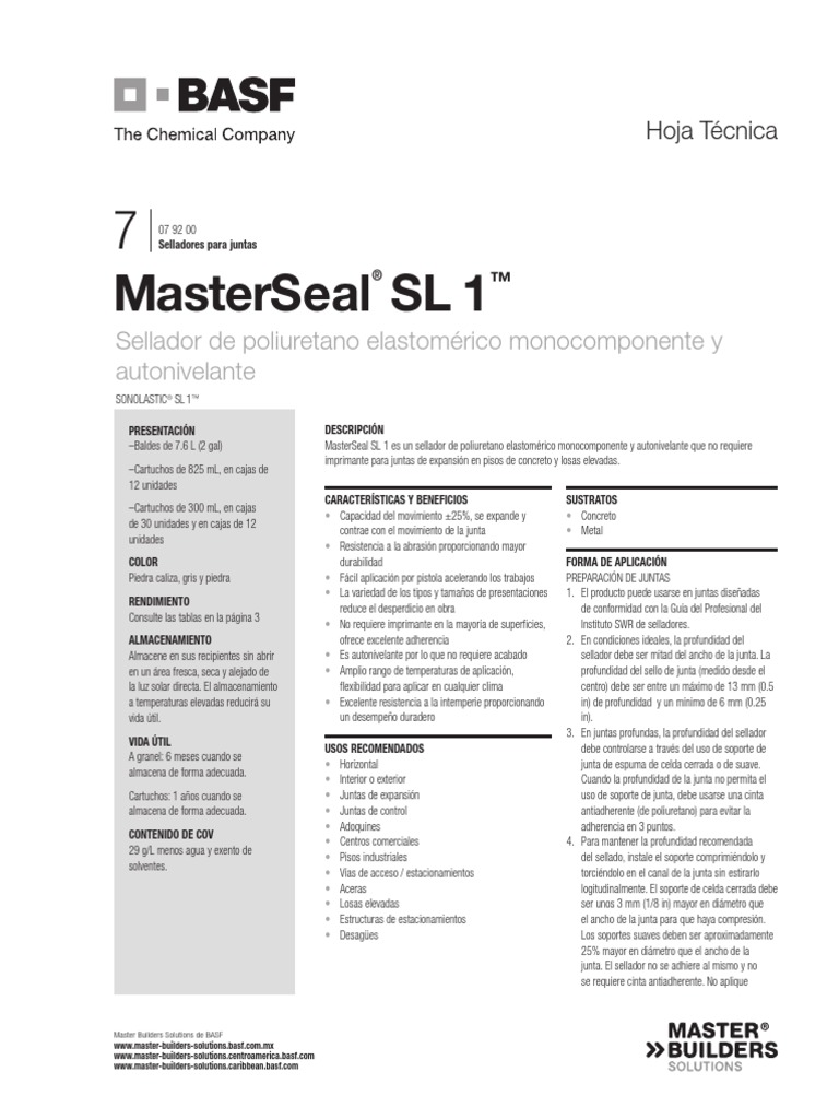 Basf SL 1, Aster Seal | PDF | Hormigón | Química