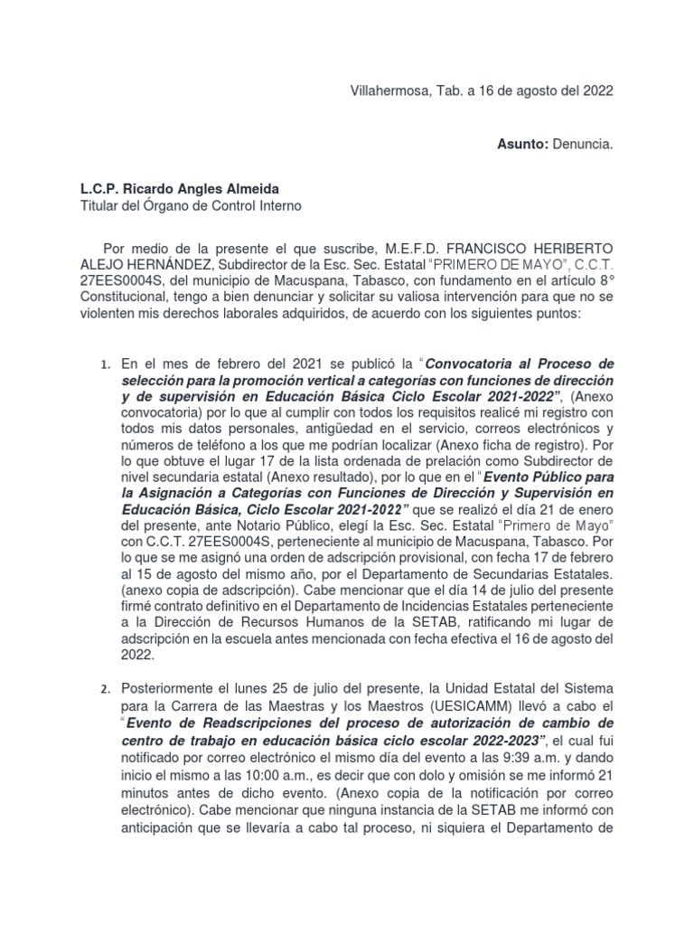 Denuncia Organo de Control Interno | PDF | Gobierno