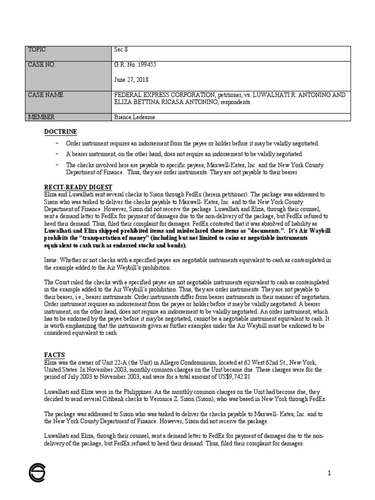 Federal Express Corporation v. Antonino | PDF | Negotiable Instrument ...