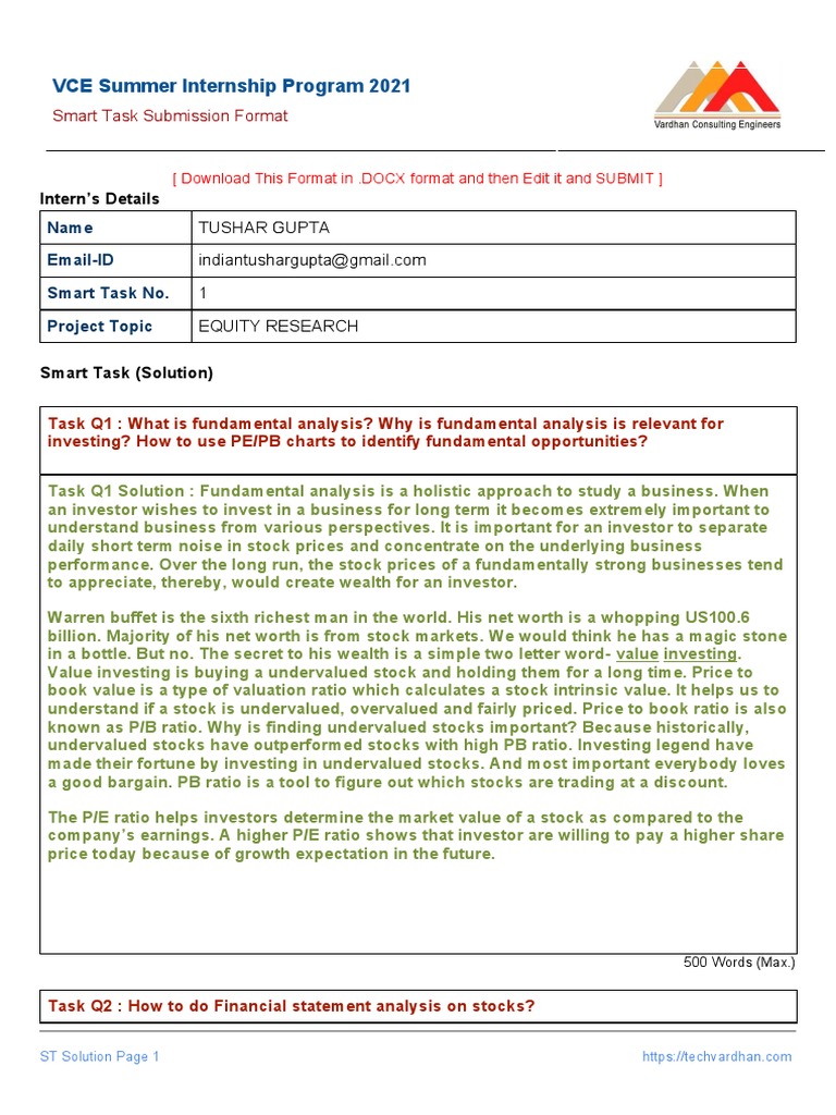 VCE Summer Internship Program 2021: Tushar Gupta 1 Equity Research ...