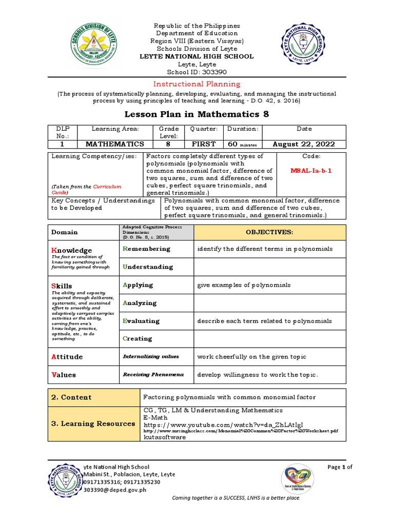 Filipino 8 (M8AL-Ia-b-1) Lesson Plan | PDF | Factorization | Polynomial