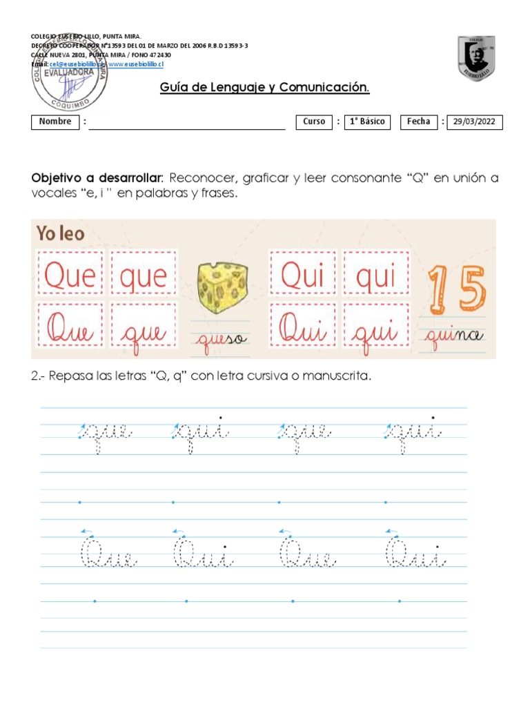 Guía de Lenguaje 1° Básico: Consonante Q | PDF | Artes del Lenguaje y ...