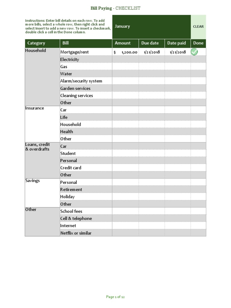 Bill Paying Checklist1 | PDF | Credit | Finance & Money Management