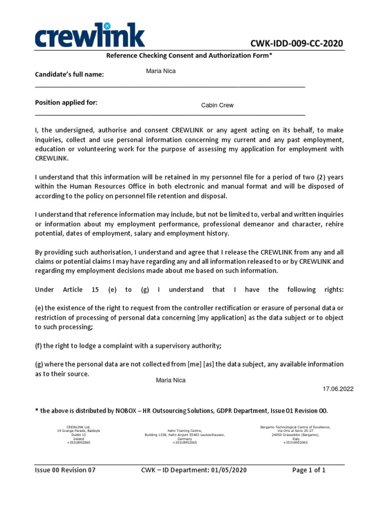 CWK-IDD-009-CC-2020: Reference Checking Consent and Authorization Form Candidate's Full Name ...
