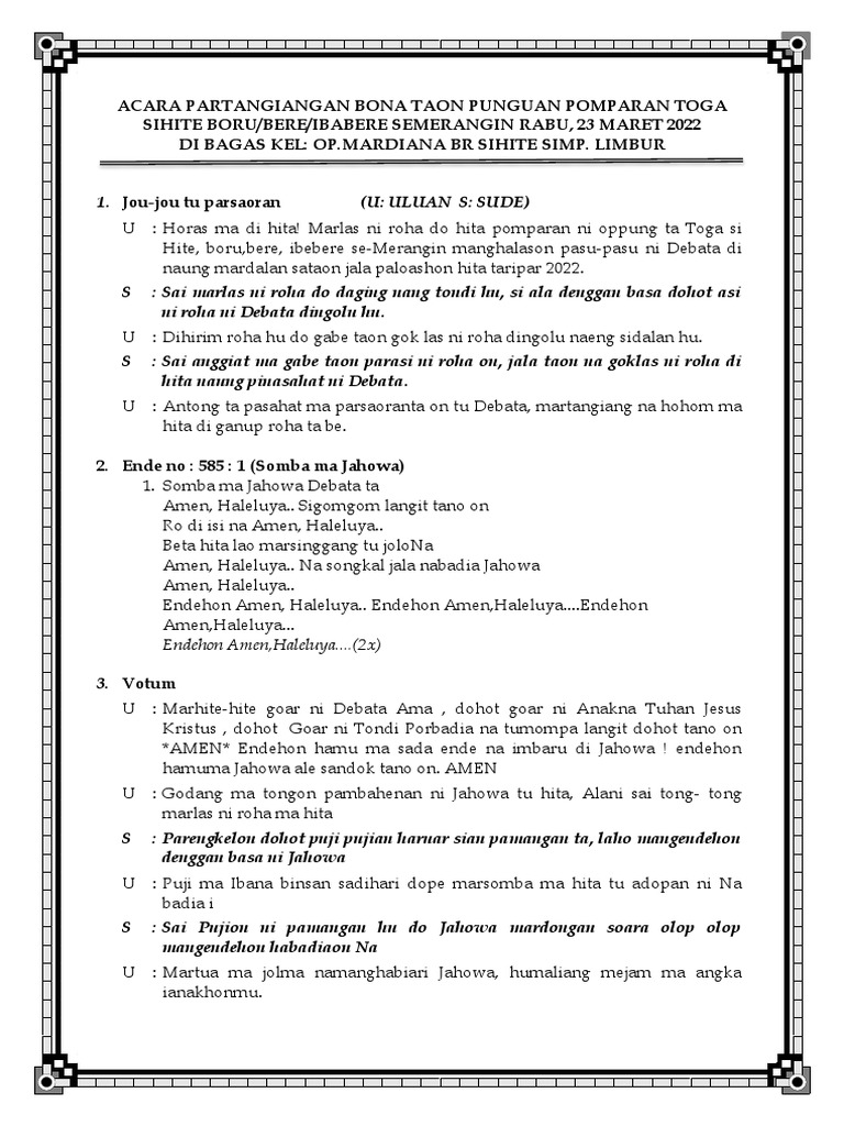 Acara Partangiangan Bona Taon Toga Sihite | PDF | Seni & Disiplin Bahasa | Agama & Spiritualitas