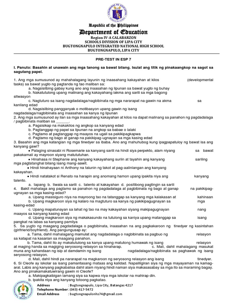 Pre Test in Esp 7 | PDF