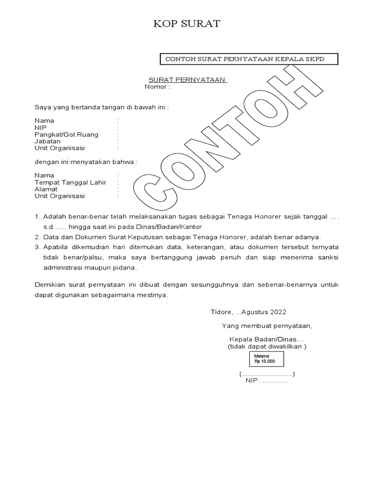 CONTOH SURAT PERNYATAAN KEPALA SKPD | PDF