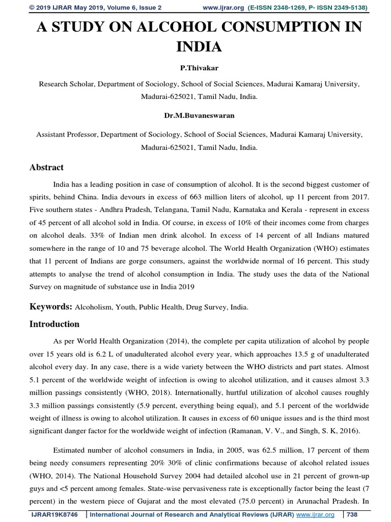 A Study On Alcohol Consumption in India: P.Thivakar | PDF ...