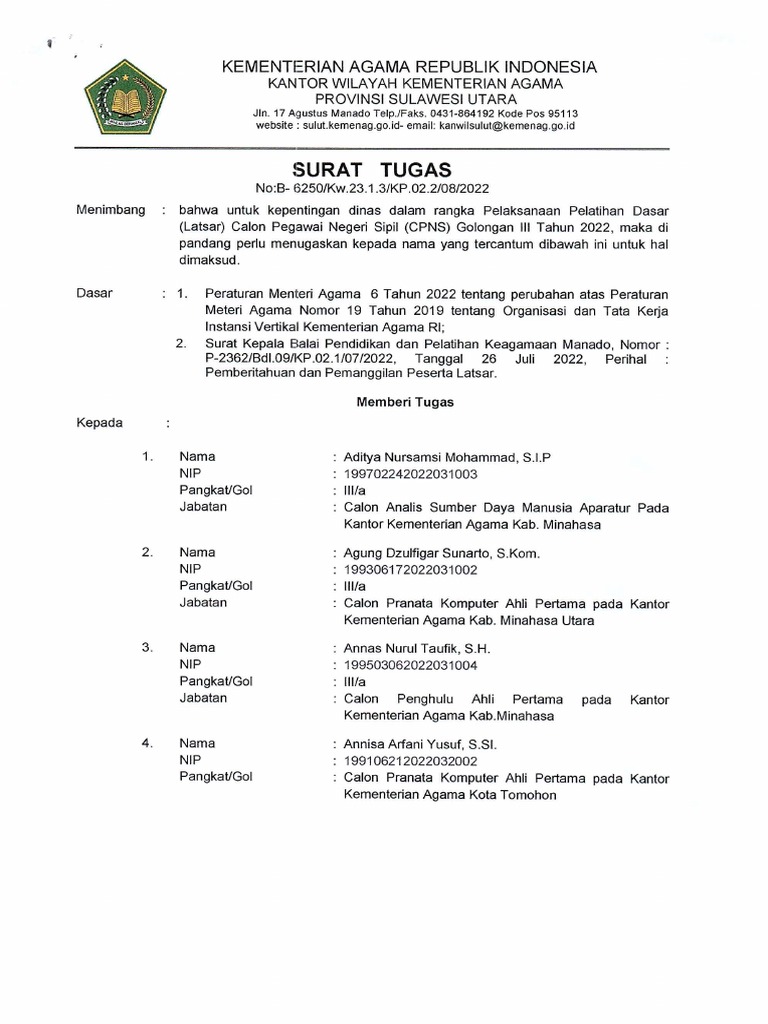 ST. Latsar Kanwil Kemenag Prov. Sulut | PDF