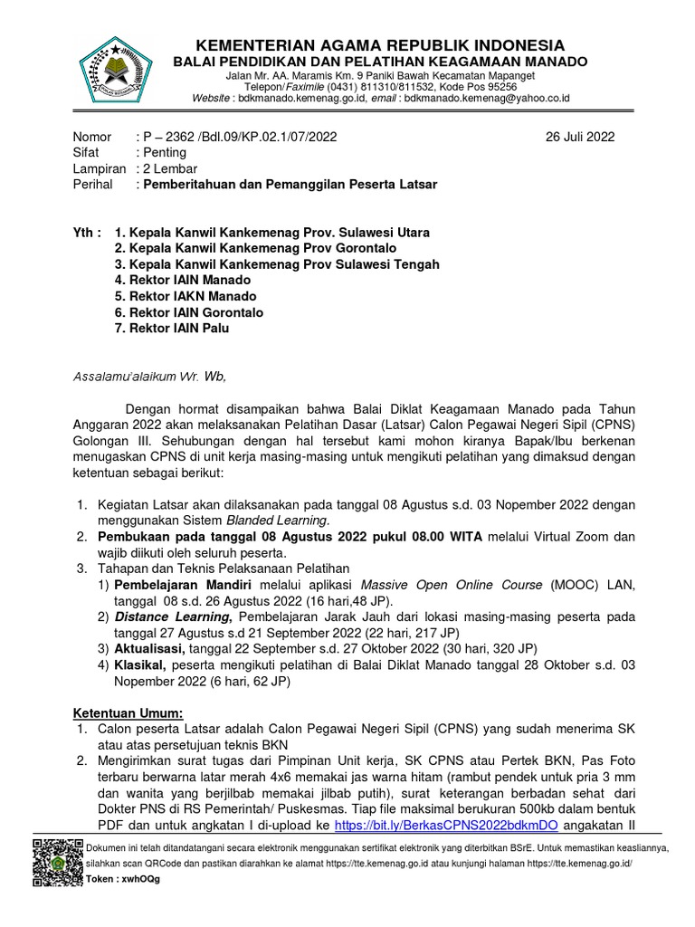 Surat Pemberitahuan LATSAR Blended Tte | PDF