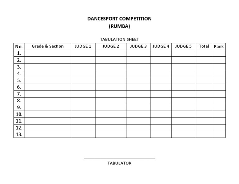 Dancesport Competition (Rumba) : Tabulation Sheet Grade & Section Judge ...