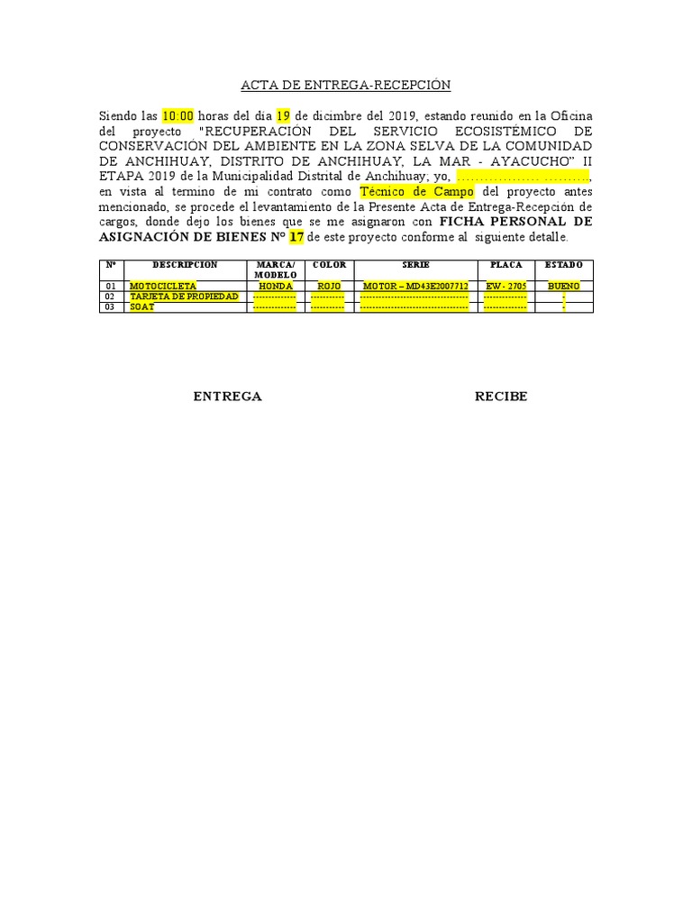 Acta de Entrega Formato | PDF