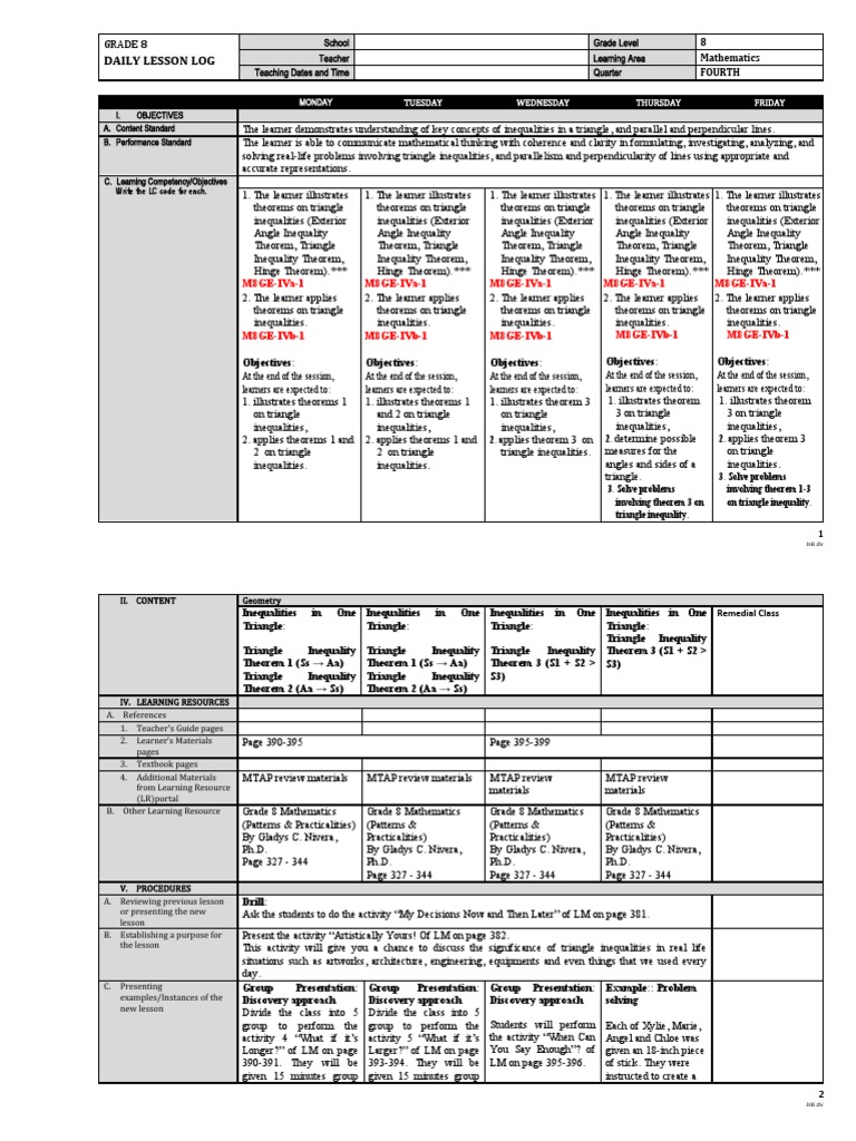 DLL Mathematics Grade8 Quarter4-IVa (Palawan Division) | PDF | Triangle ...
