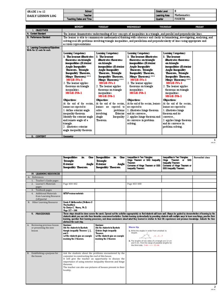 DLL Mathematics Grade8 Quarter4-IVb (Palawan Division) | PDF | Triangle | Learning