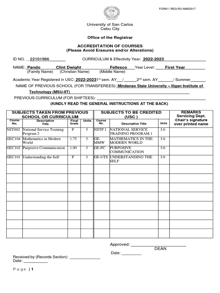 MSU-IIT Transferee Course Accreditation | PDF | Academic Degree ...