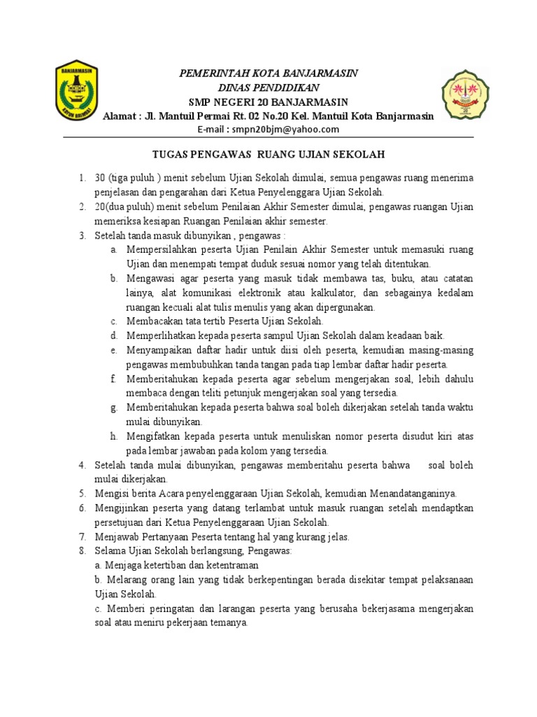 Tugas Pengawas Ujian Sekolah SMP 20 | PDF