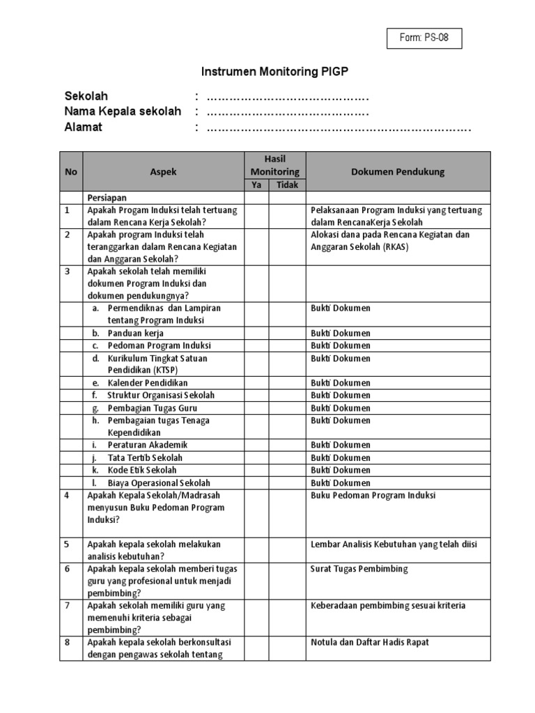 Contoh Instrumen Monitoring PIGP Def | PDF