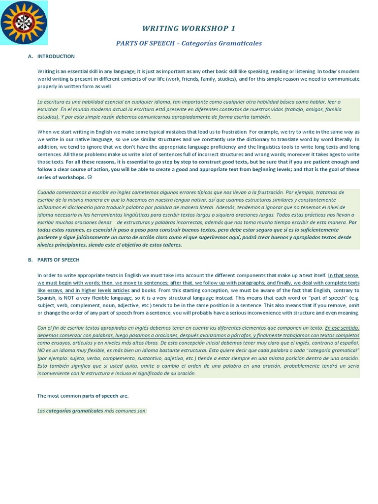 Writing Workshop 1 - Bilingüe | PDF | Oración (Lingüística) | Gramática