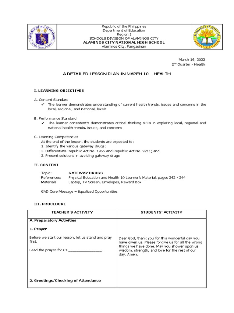 A Detailed Lesson Plan in Mapeh 10 - Health: Alaminos City National ...