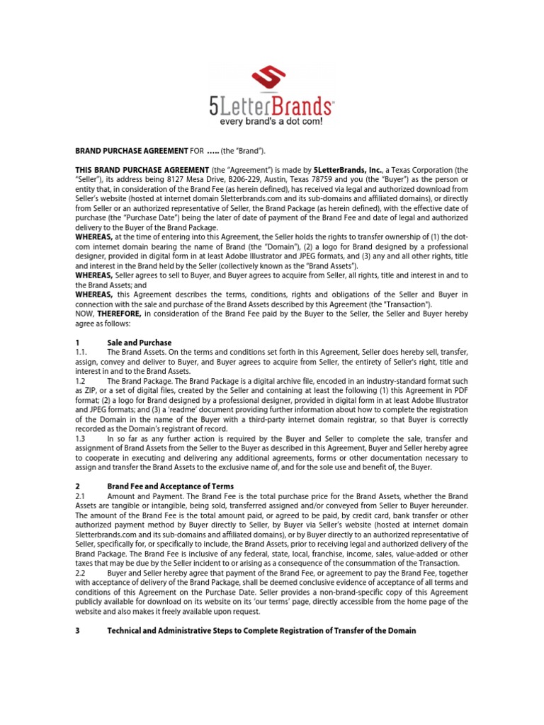 Brand Purchase Agreement for 5-Letter Domain | PDF | Indemnity | Domain ...