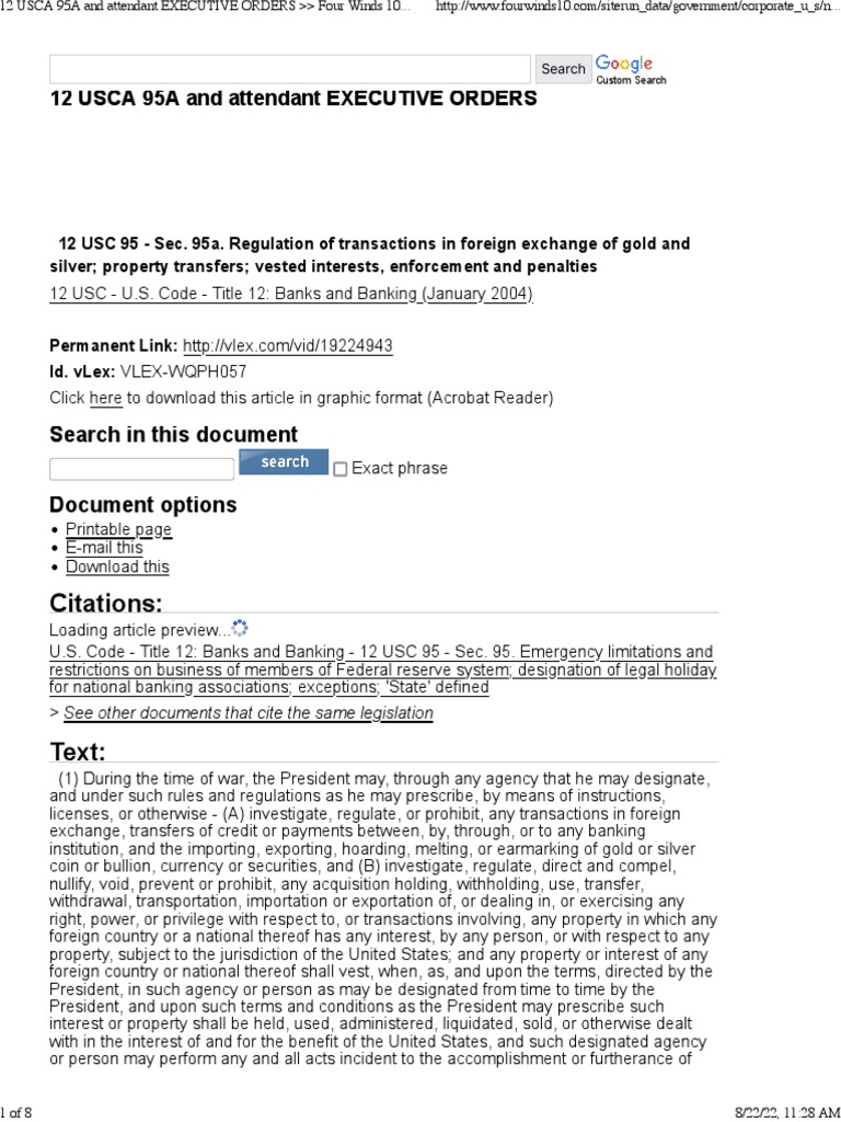 12 USCA 95A and attendant EXECUTIVE ORDERS Four Winds 10 - Truth Winds | PDF | French Franc | Banks