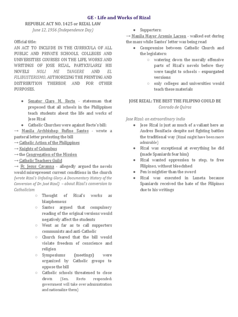 GE - Life and Works of Rizal: Republic Act No. 1425 or Rizal Law | PDF | Philippines