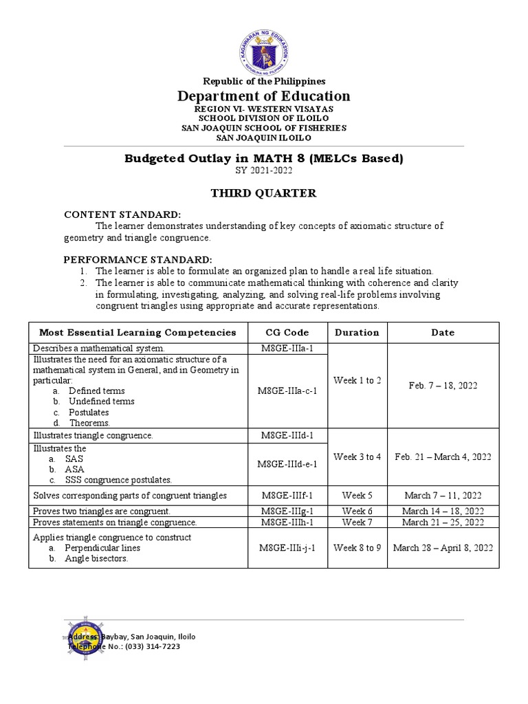 Department of Education: Budgeted Outlay in Math 8 (Melcs Based) Third ...