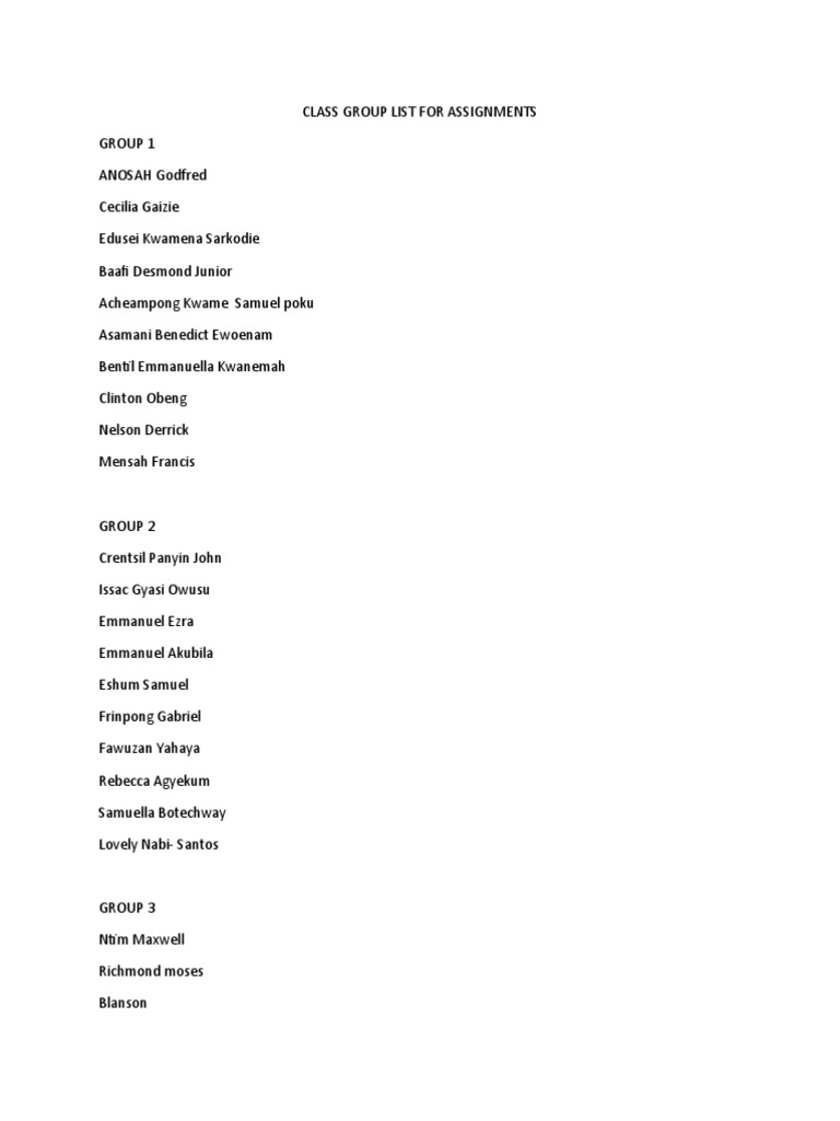 Class Group List For Assignments | PDF
