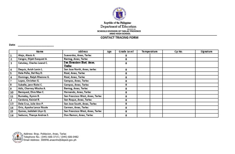 Contact Tracing Form | PDF