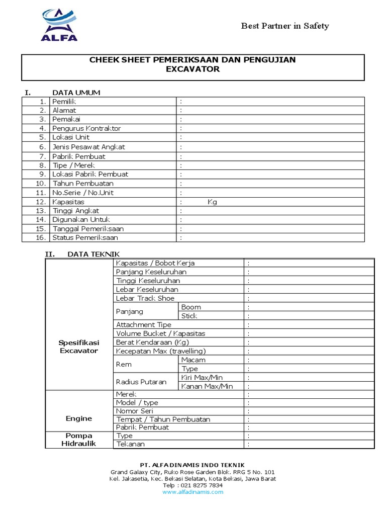 Cheek Sheet Pemeriksaan Excavator | PDF