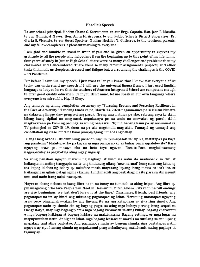 Pursuing Dreams and Fostering Resilience: A Valedictory Speech ...