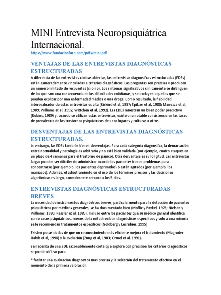 MINI Entrevista Neuropsiquiátrica Internacional | PDF | Trastorno ...