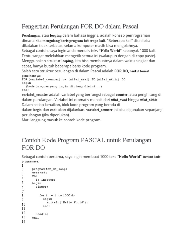 Pengertian Perulangan FOR DO Dalam Pascal | PDF