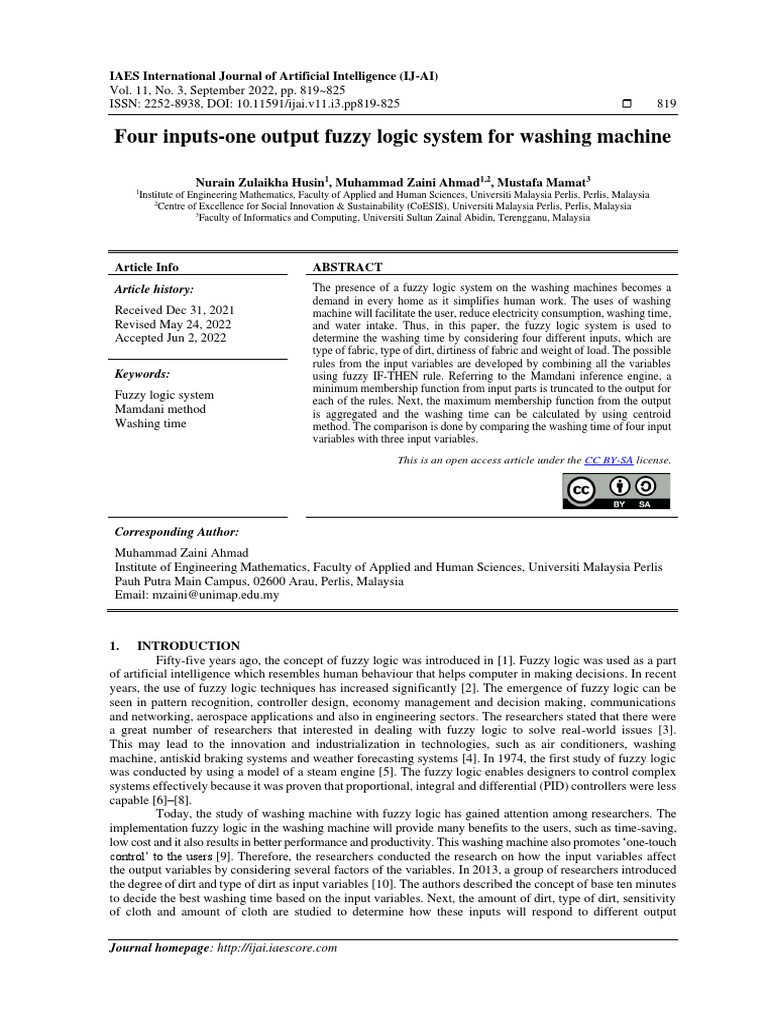 Four Inputs One Output Fuzzy Logic System For Washing Machine Pdf Fuzzy Logic Control Theory