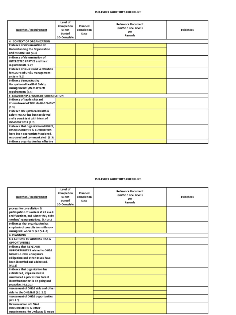 ISO 45001 Auditor's Checklist Template | PDF | Audit | Internal Audit