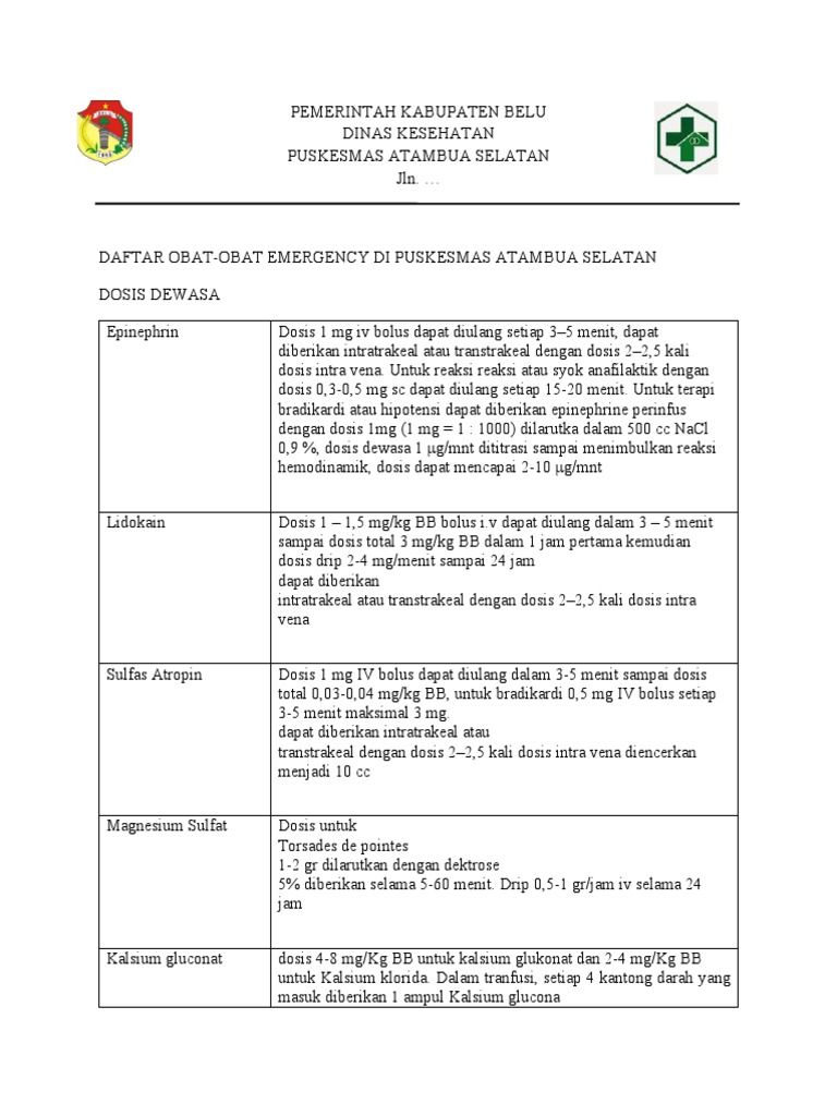 Daftar Obat Emergency Puskesmas Atambua | PDF