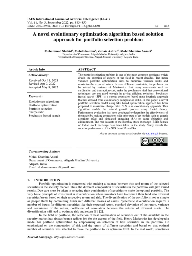 A Novel Evolutionary Optimization Algorithm Based Solution Approach For Portfolio Selection