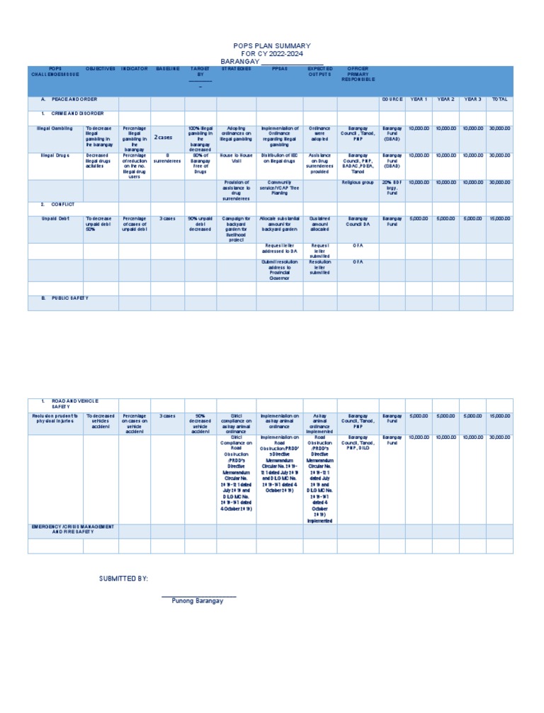 Pops Plan Summary FOR CY 2022-2024 BARANGAY | PDF