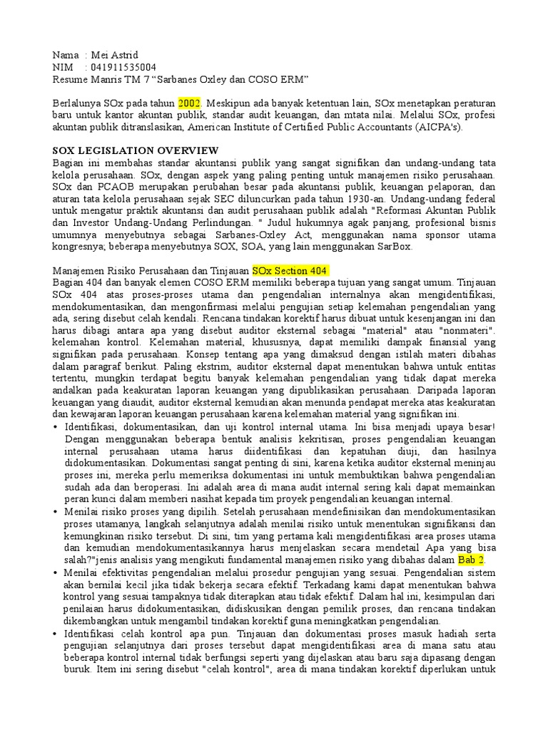 Sarbanes Oxley Dan COSO ERM | PDF