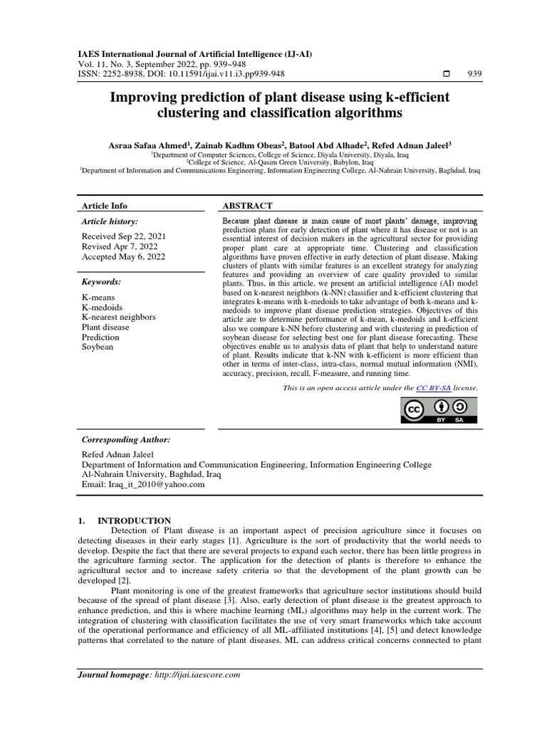 Improving Prediction of Plant Disease Using K-Efficient Clustering and Classification Algorithms ...