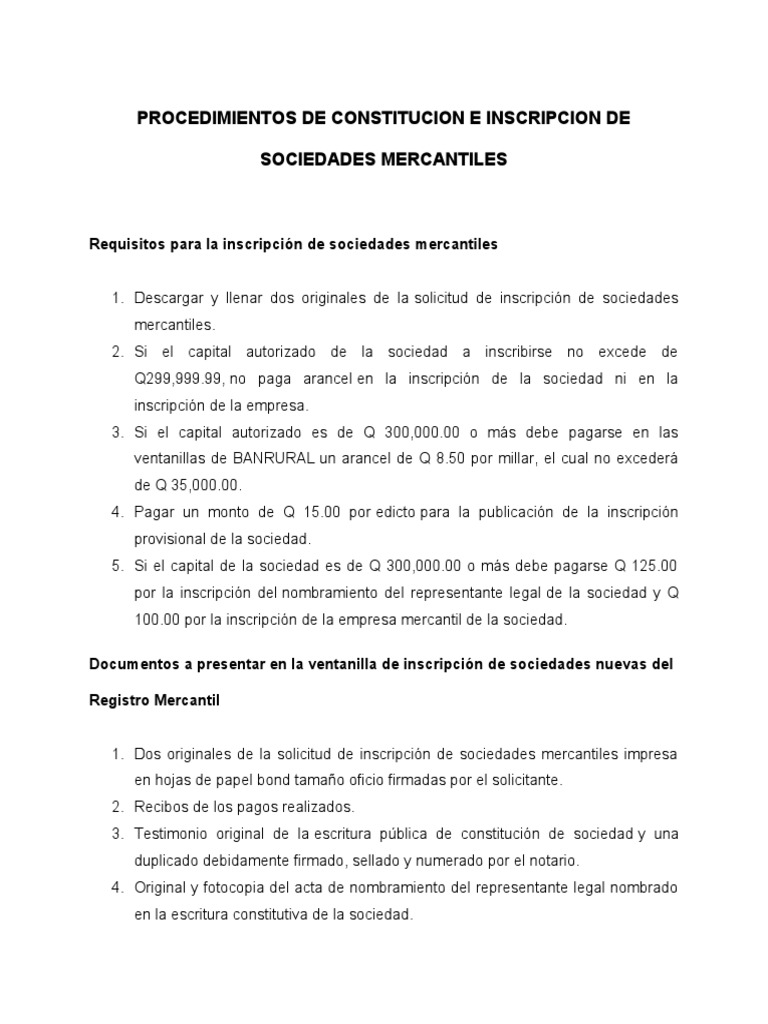 Procedimientos de Constitucion e Inscripcion de Sociedades Mercantiles | PDF | Sociedad ...