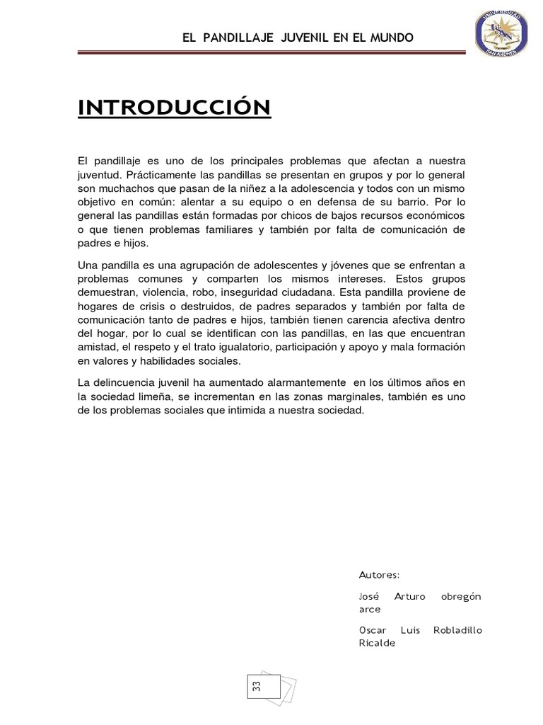 Pandillaje Juvenil: Causas y Consecuencias | PDF | Violencia | La ...